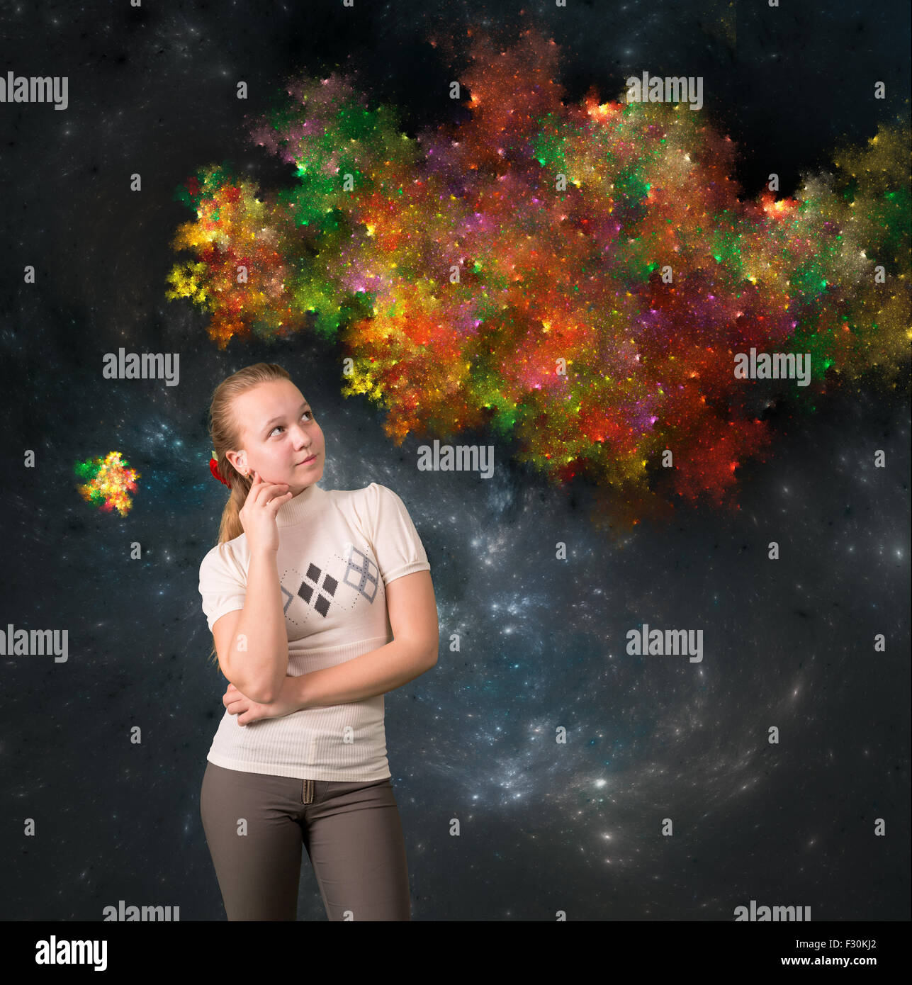 Teen girl thinking something about on abstract background with fractals ...