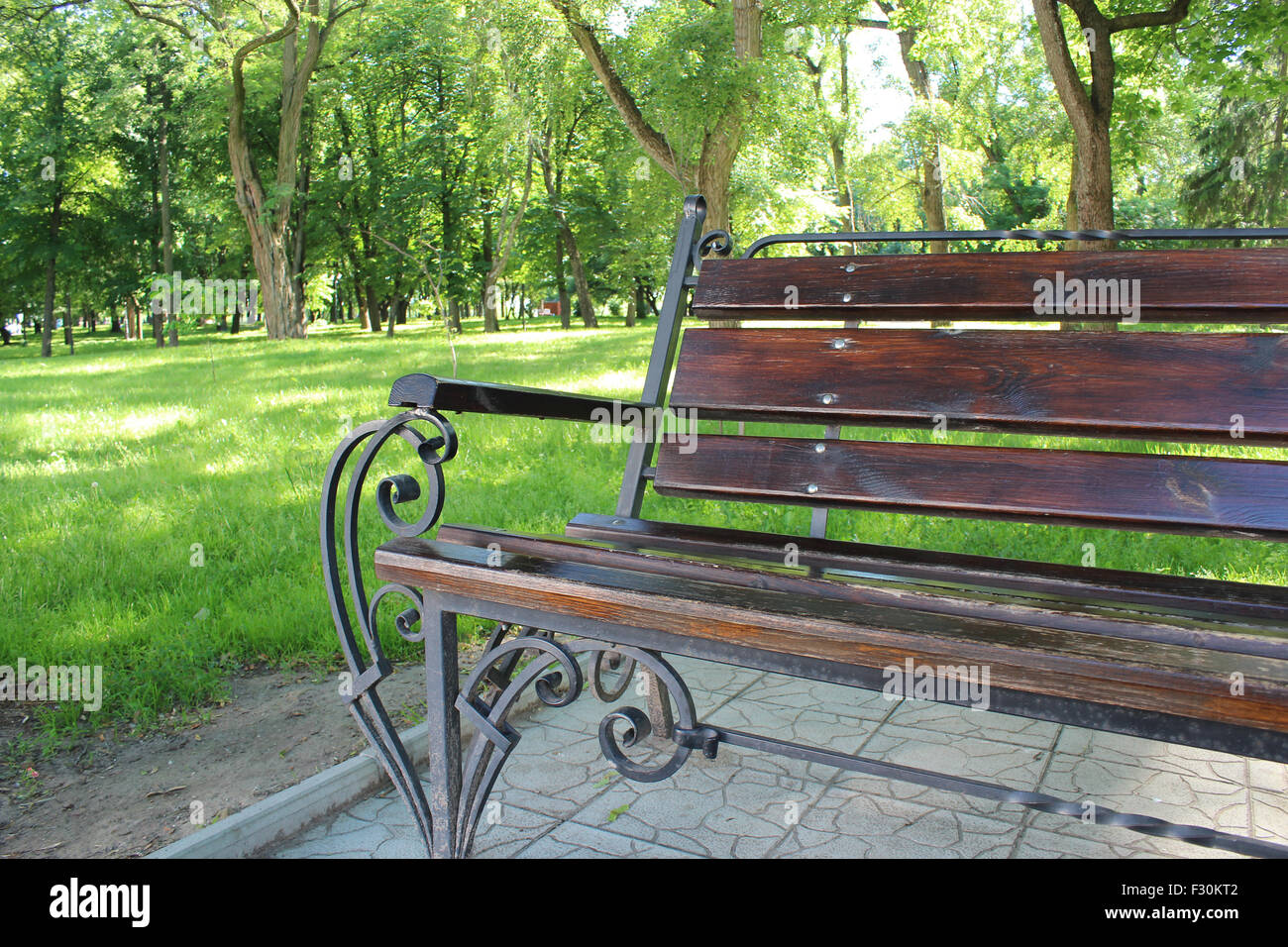 decorative bench in the beautiful park with many green trees Stock ...