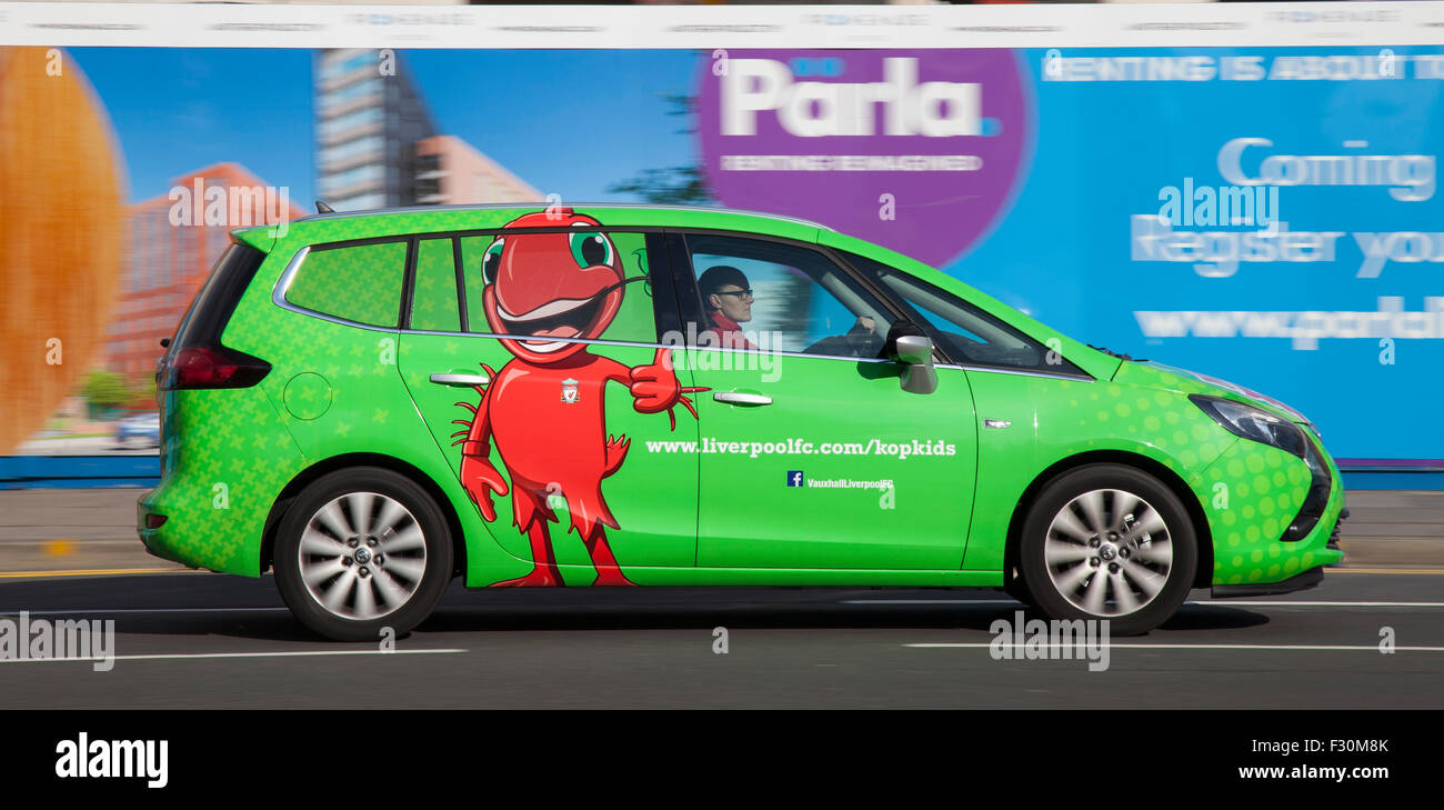 Green Liverpool FC fan 'Kop Kids' green vehicle and mascot, Side view ...