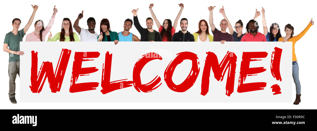 Welcome sign group of young multi ethnic people holding banner isolated ...
