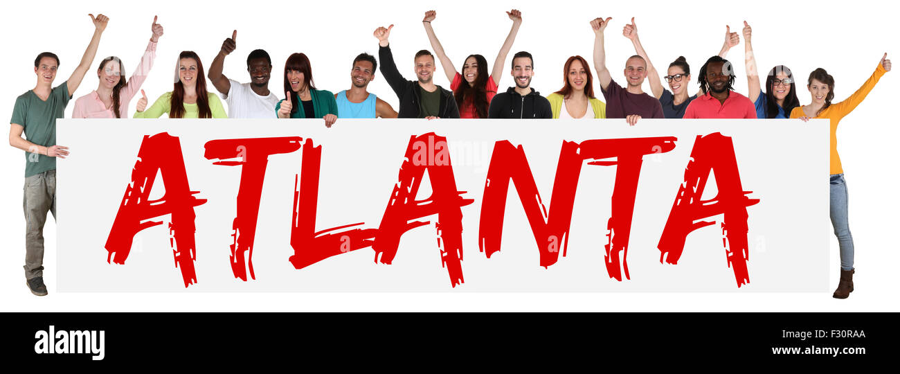 Atlanta group of young multi ethnic people holding banner isolated ...