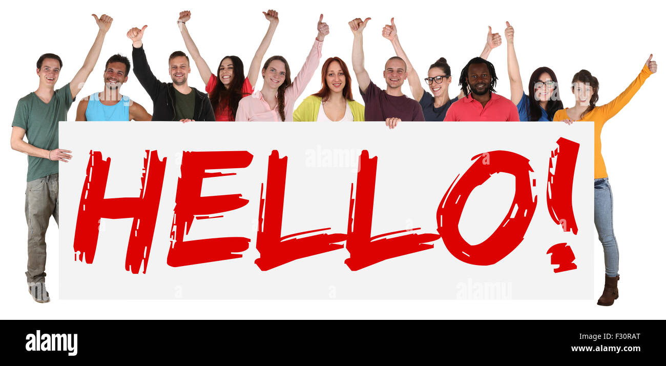 Hello sign group of young multi ethnic people holding banner isolated ...