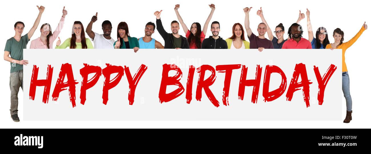 Happy Birthday group of young multi ethnic people holding banner ...