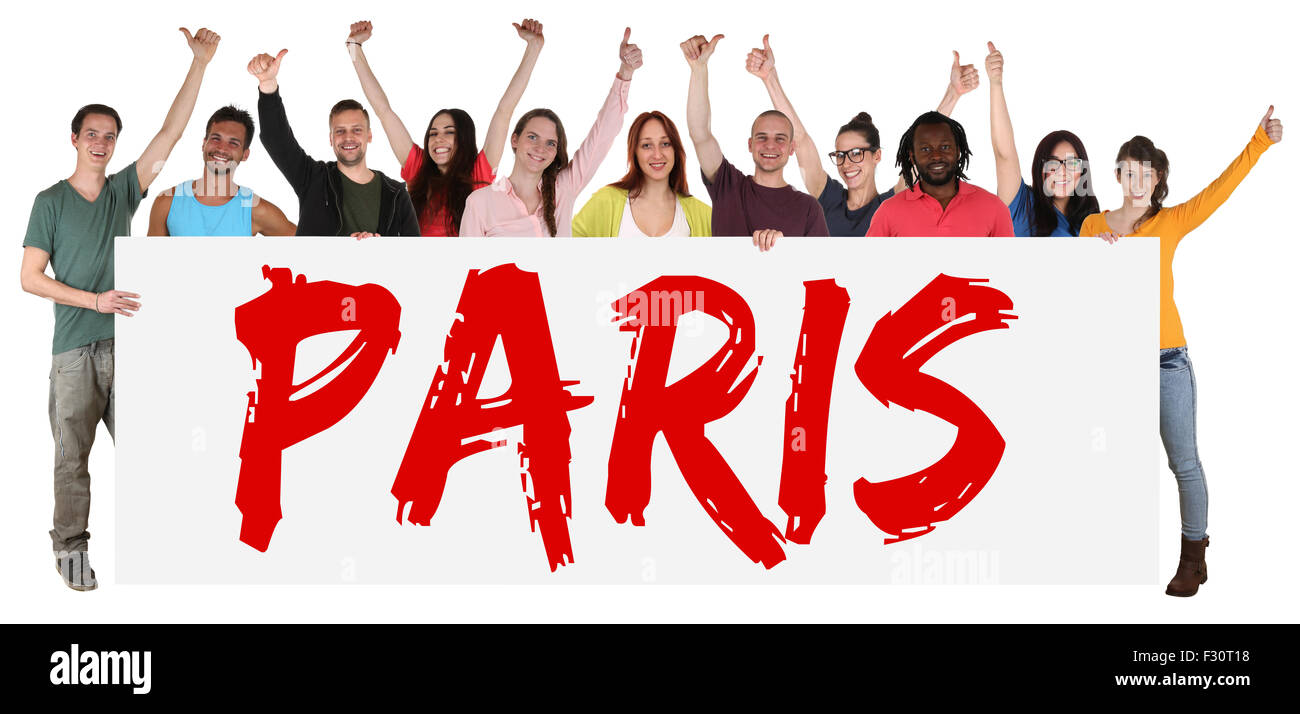 Paris group of young multi ethnic people holding banner isolated Stock ...
