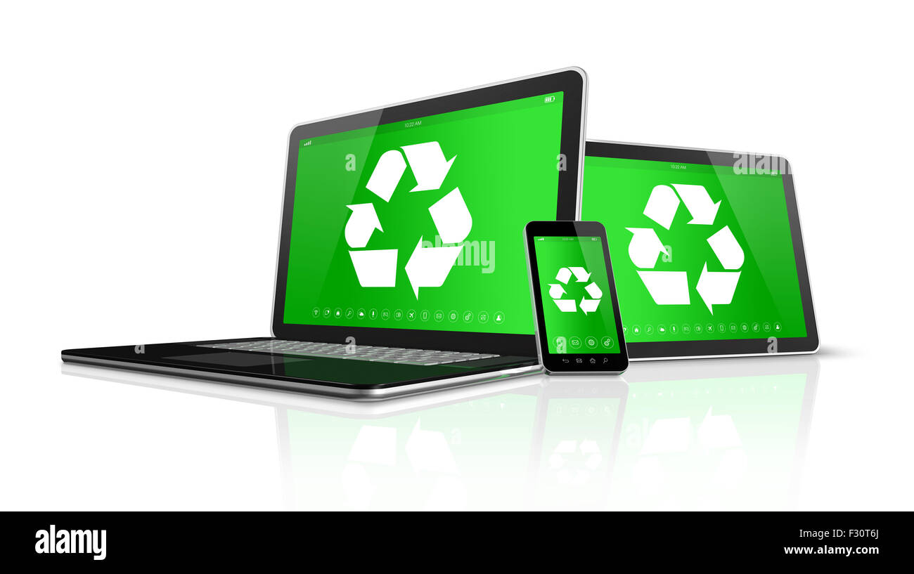3D Laptop tablet PC and smartphone with a recycling symbol on screen ...