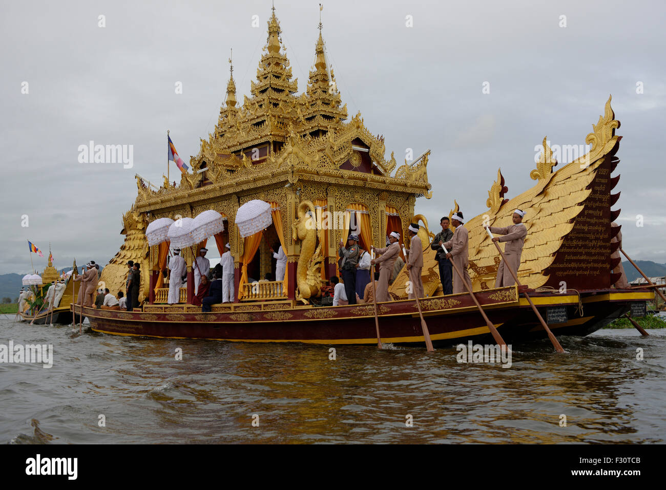 Myanmar, Inle lake. The Golden Karaweik Bird barge at the famous Hpaung ...
