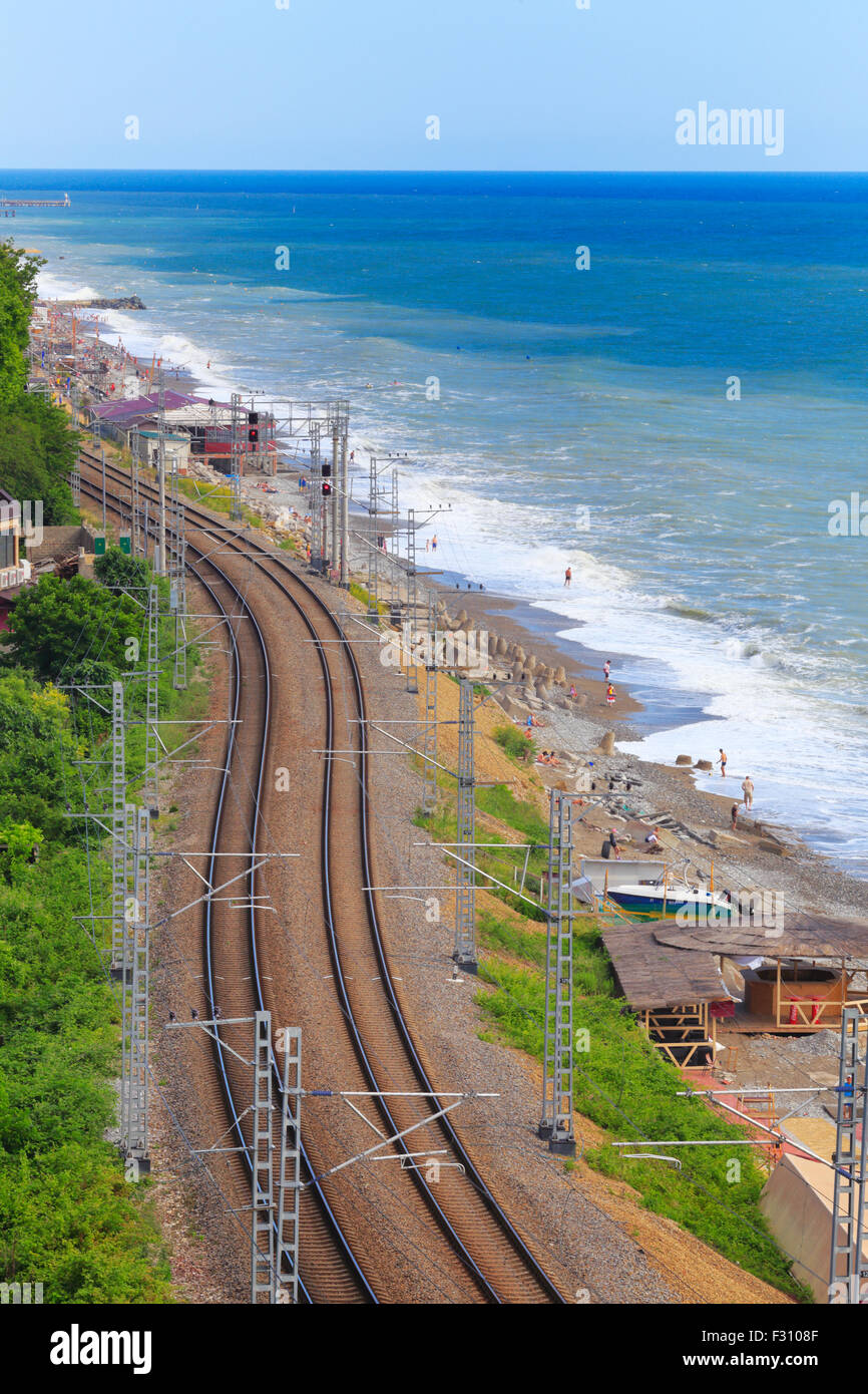 Seashore with railway aerial view sea tide rails Stock Photo - Alamy