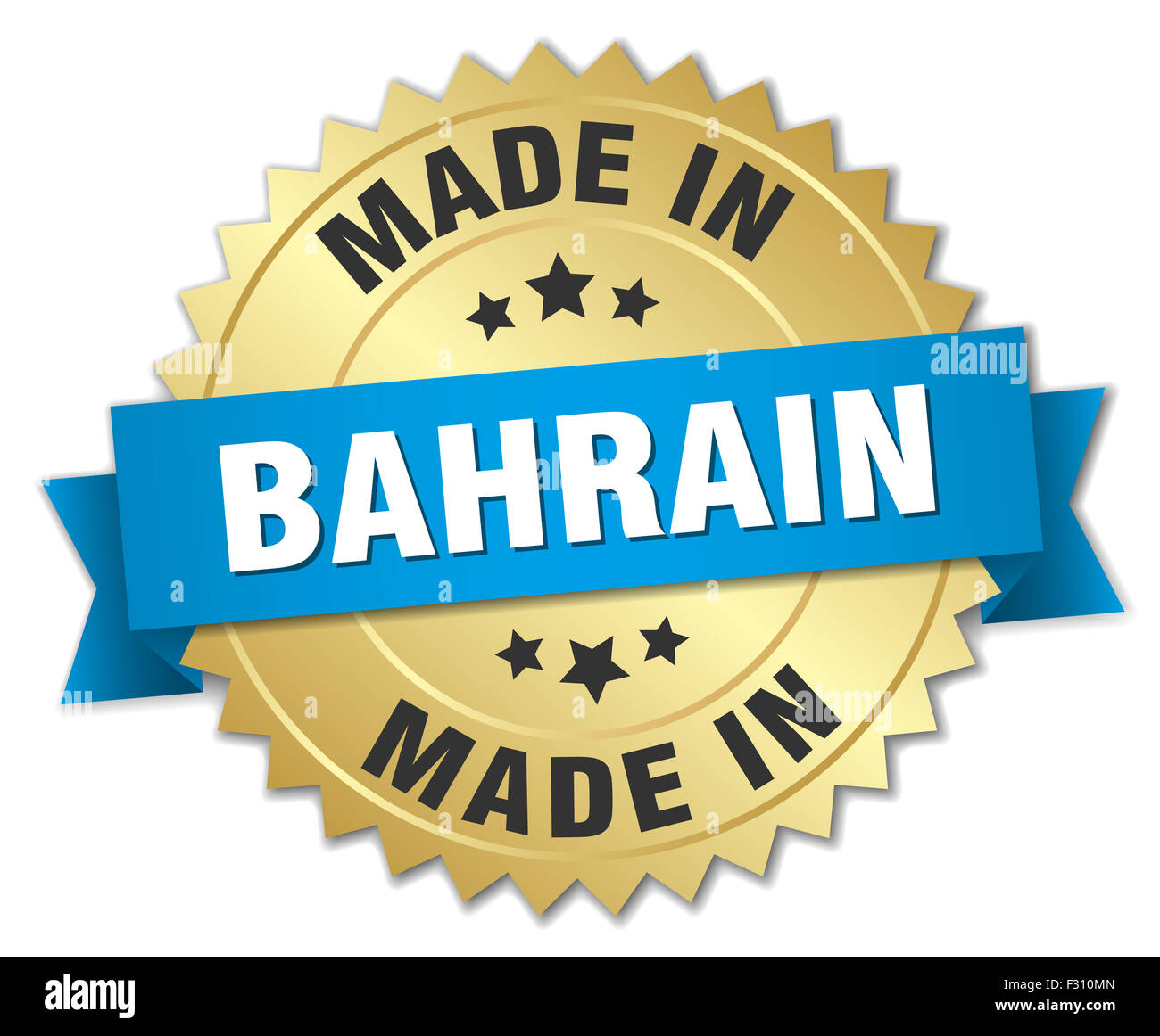 made in Bahrain gold badge with blue ribbon Stock Photo - Alamy