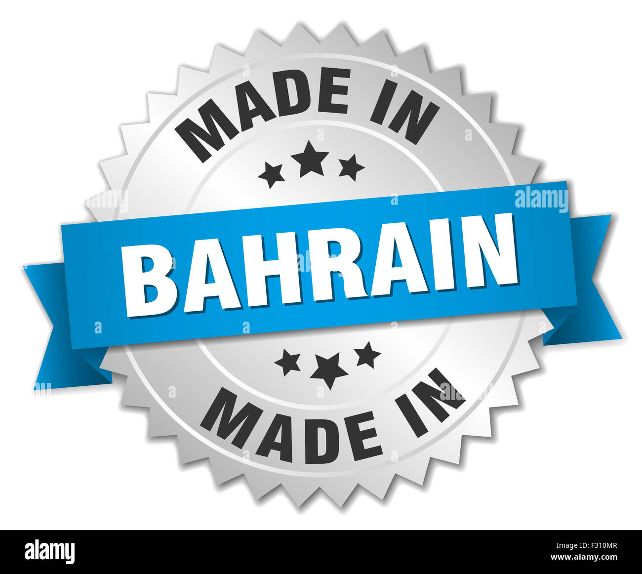 made in Bahrain silver badge with blue ribbon Stock Photo - Alamy
