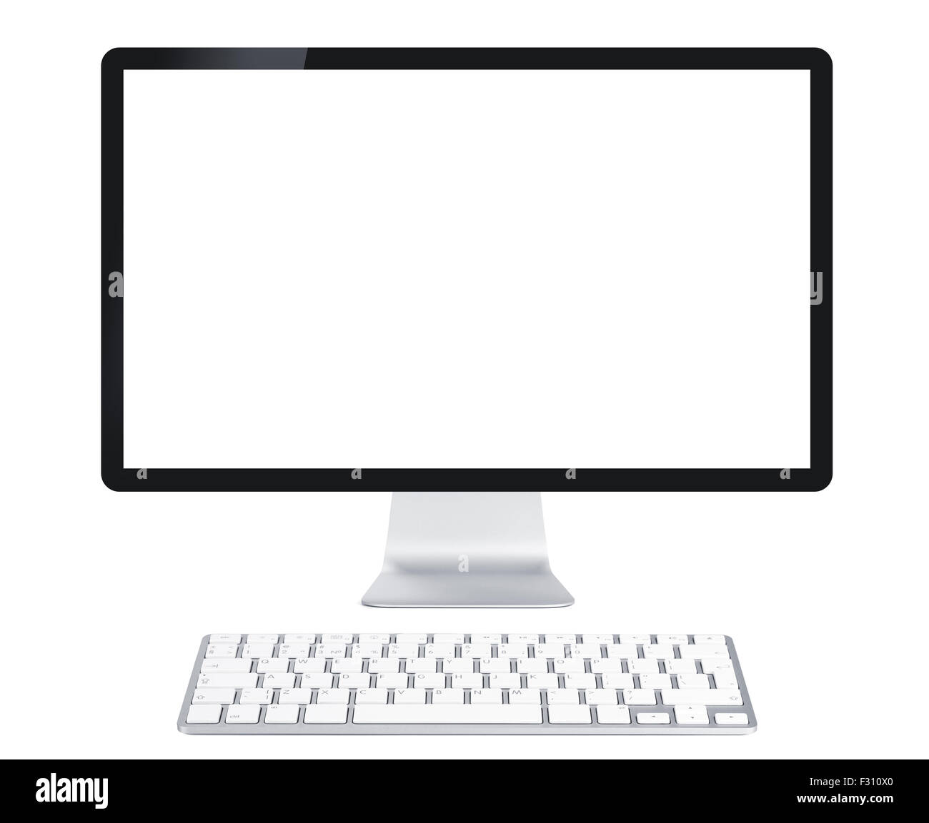 Computer display with blank screen and wireless keyboard. Front view ...