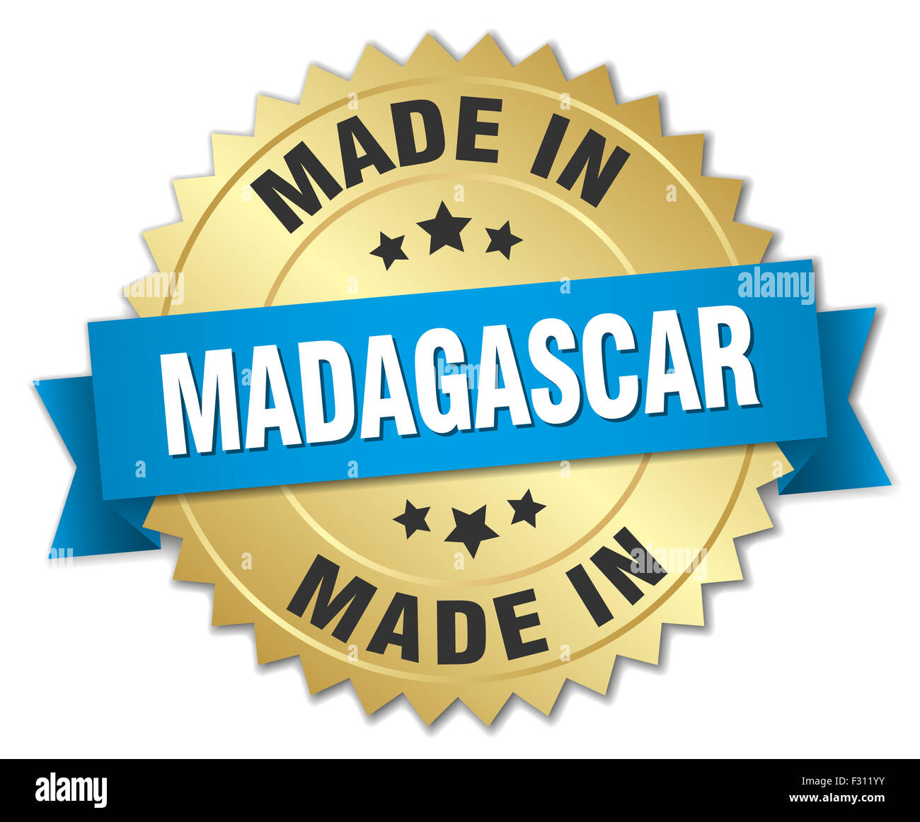 made in Madagascar gold badge with blue ribbon Stock Photo - Alamy