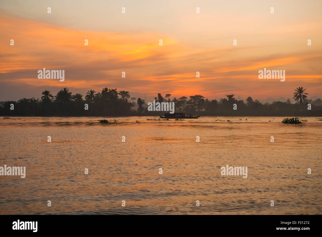 Boats on Mekong river in the early morning, Binh Thanh Island at Sadec ...