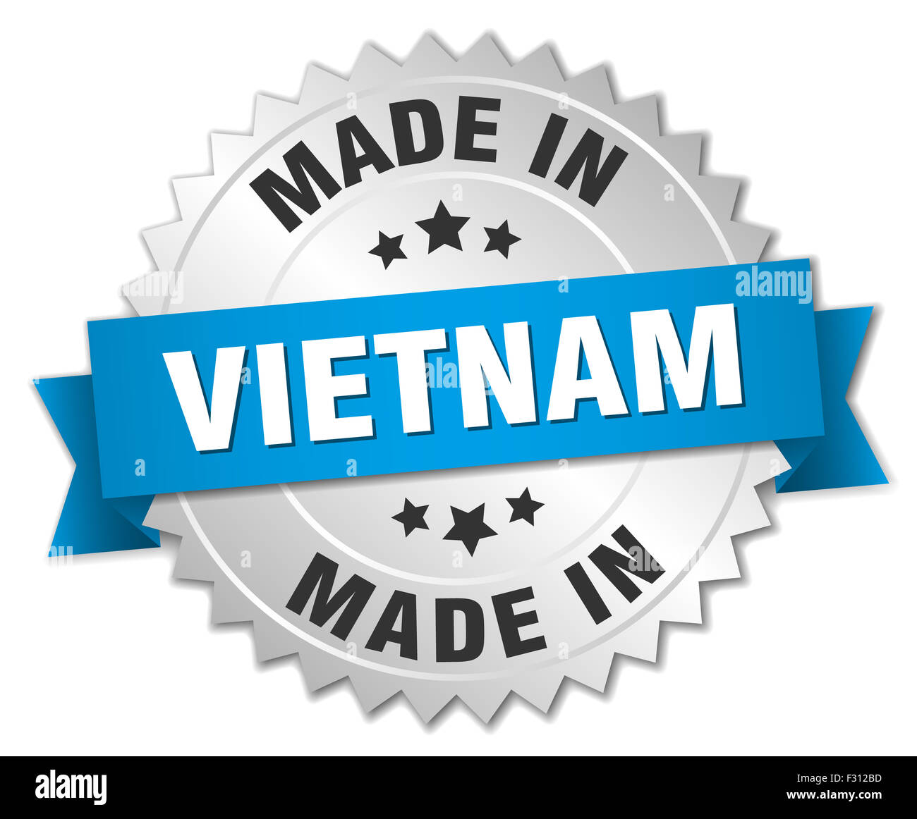 made in Vietnam silver badge with blue ribbon Stock Photo - Alamy