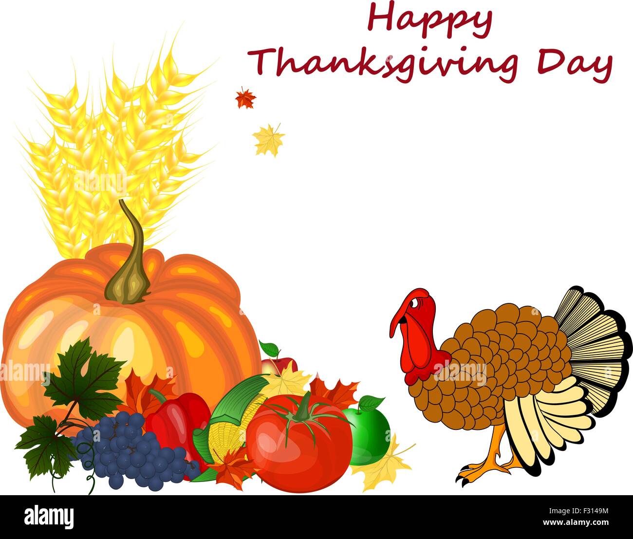 Thanksgiving day greeting card. Design consist from pumpkin, pepper, tomato, apple, grape, corn ...