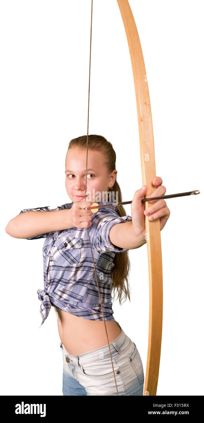 Teen girl practicing archery isolated on white Stock Photo - Alamy