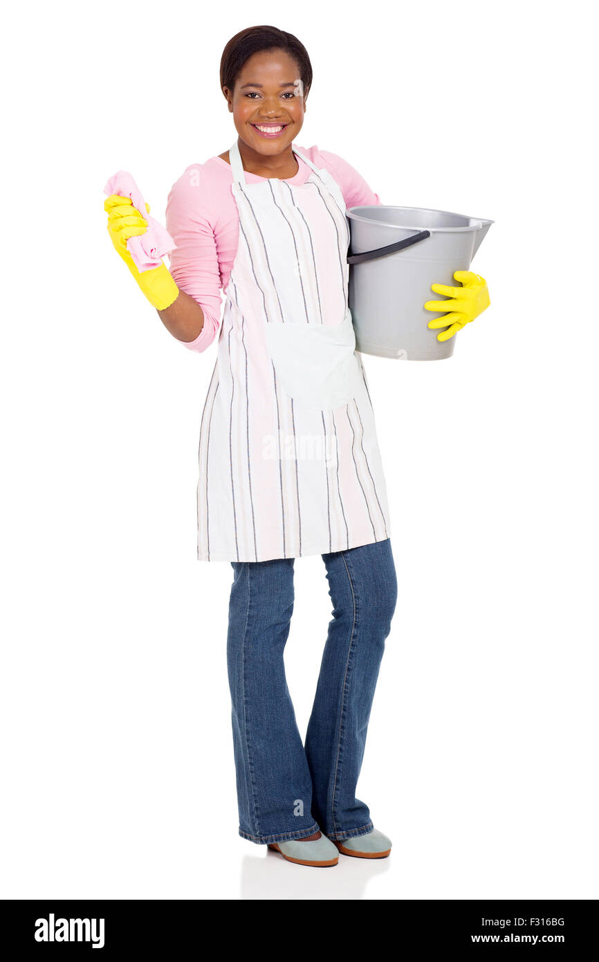 beautiful African cleaner holding a bucket and a cloth on white ...