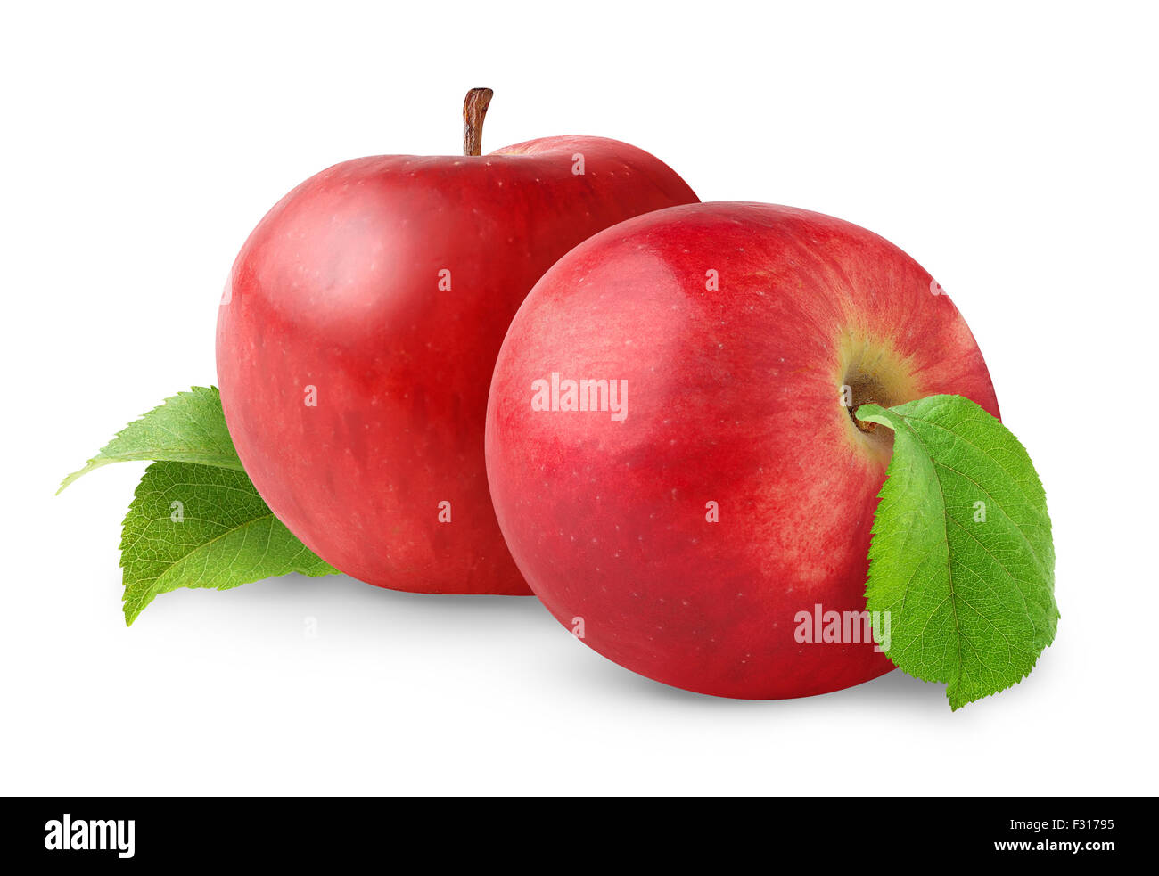Two red apples with leaves isolated on white Stock Photo - Alamy