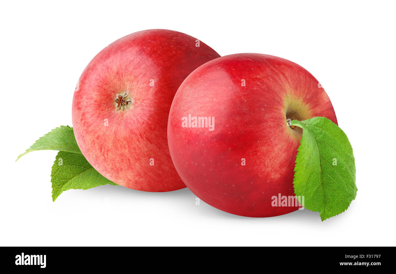 Two red apples with leaves isolated on white Stock Photo - Alamy