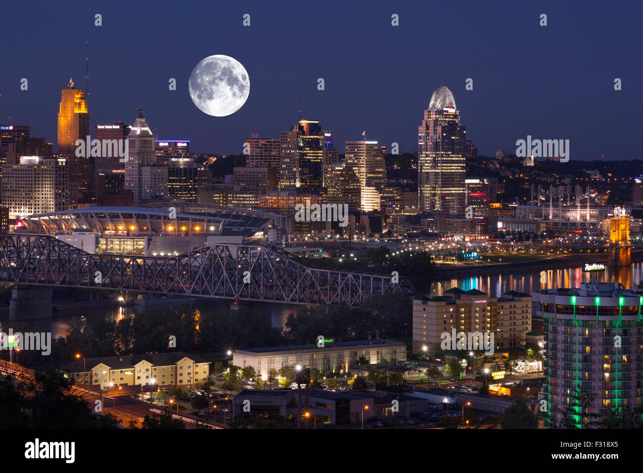 OHIO RIVER BRIDGES CINCINNATI OHIO SKYLINE FROM COVINGTON KENTUCKY USA ...