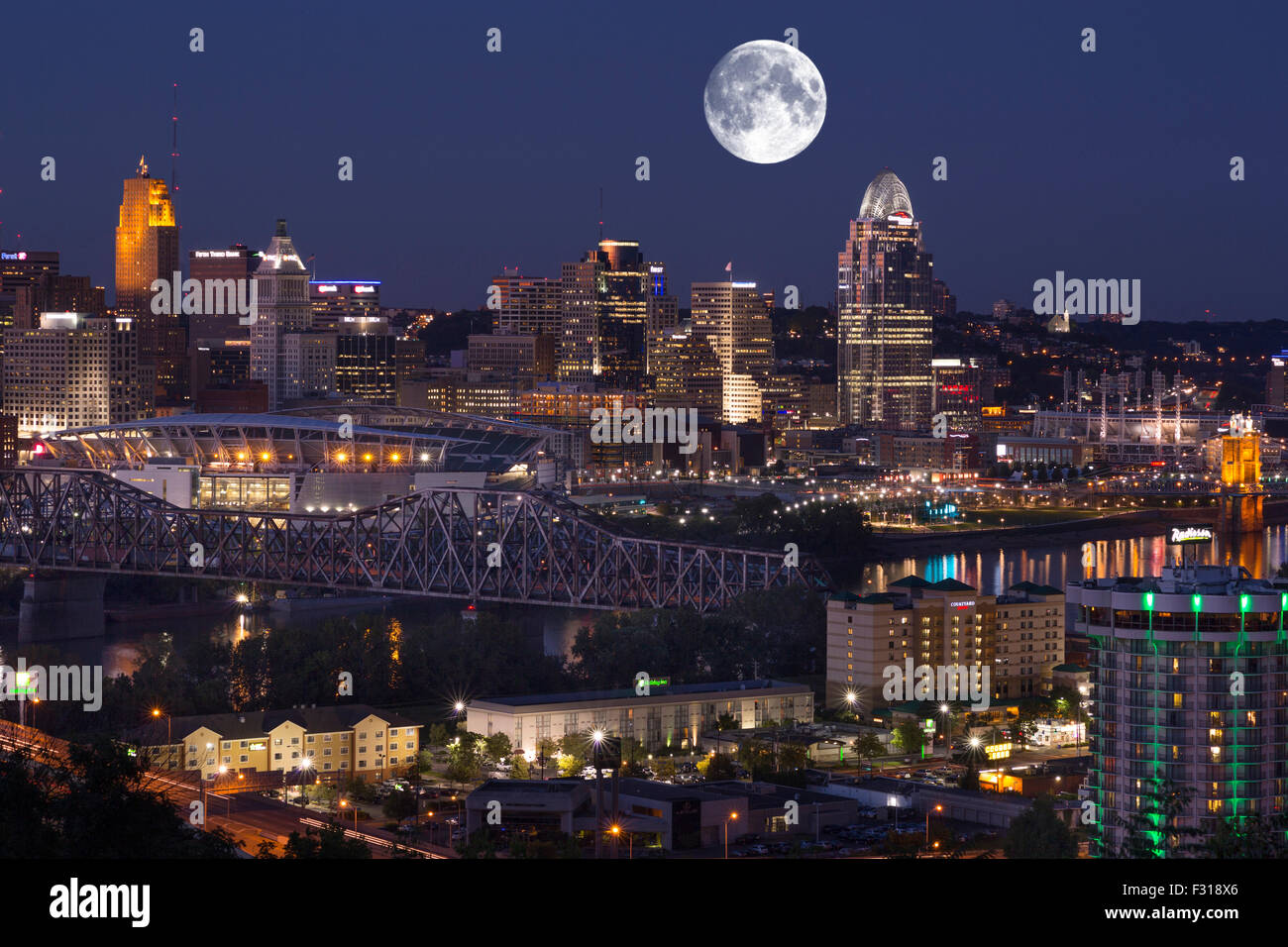 OHIO RIVER BRIDGES CINCINNATI OHIO SKYLINE FROM COVINGTON KENTUCKY USA ...