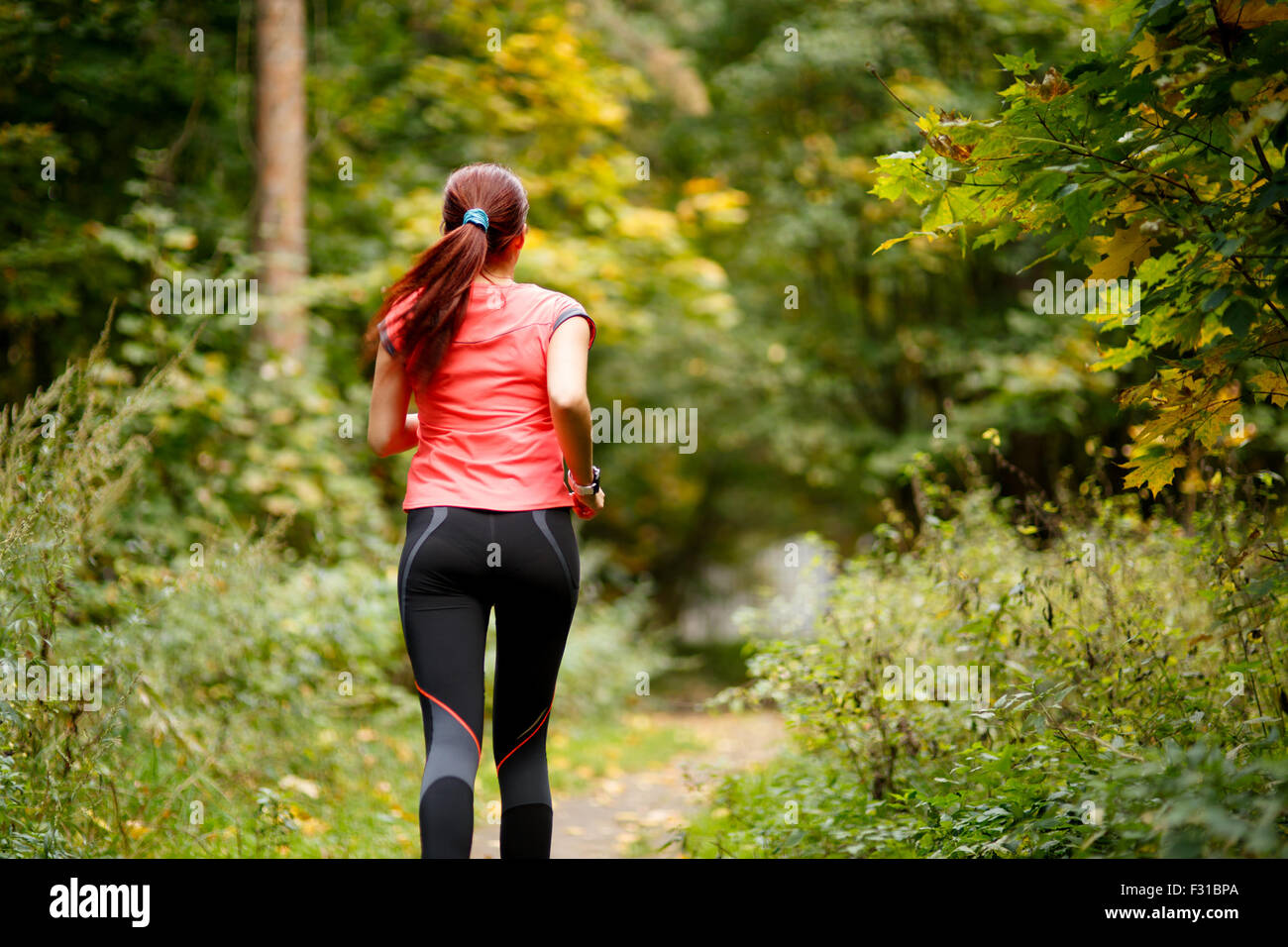healthy lifestyle fitness sporty woman runner running in forest trail ...