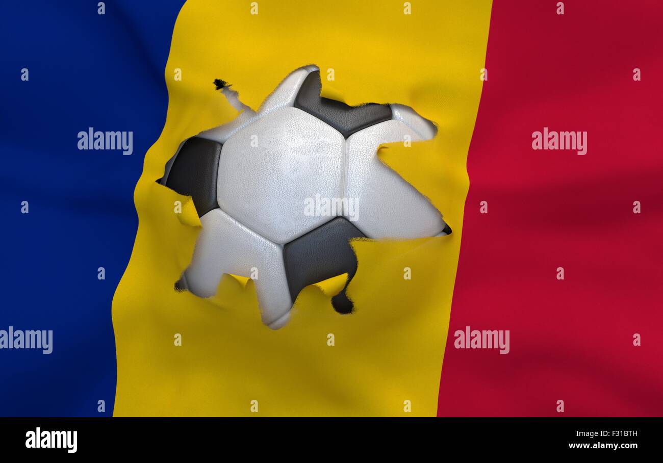 Flag of Romania and soccer ball, hole in flag Stock Photo - Alamy