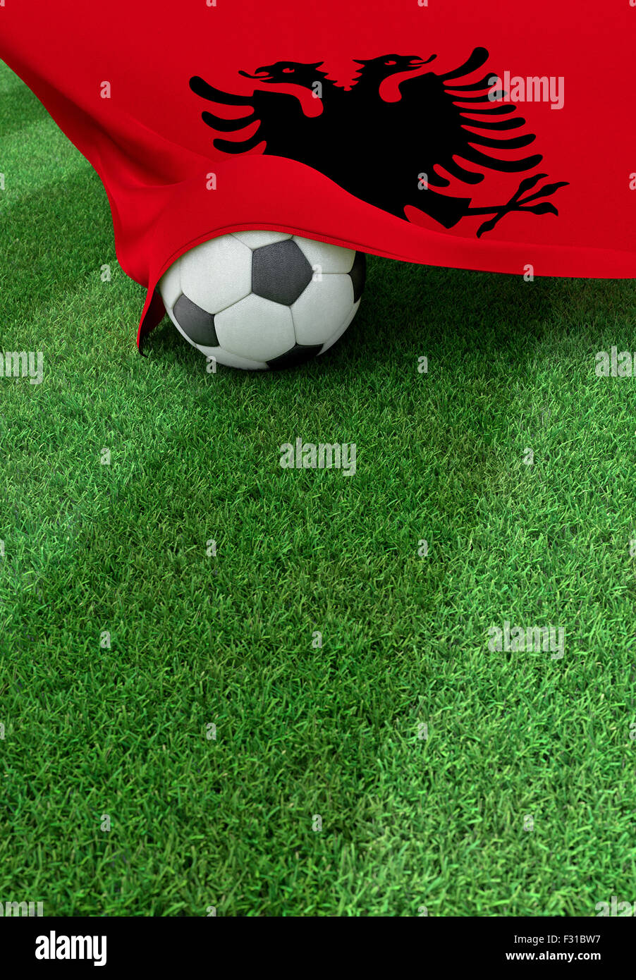 Soccer ball and national flag of Albania lies on the green grass Stock ...