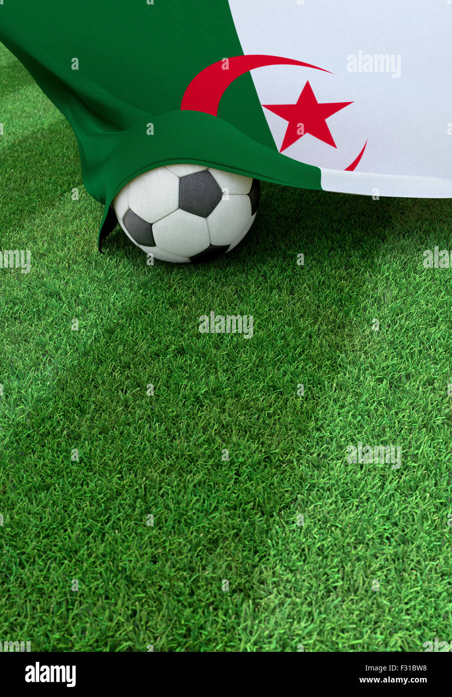 Soccer ball and national flag of Algeria lies on the green grass Stock ...