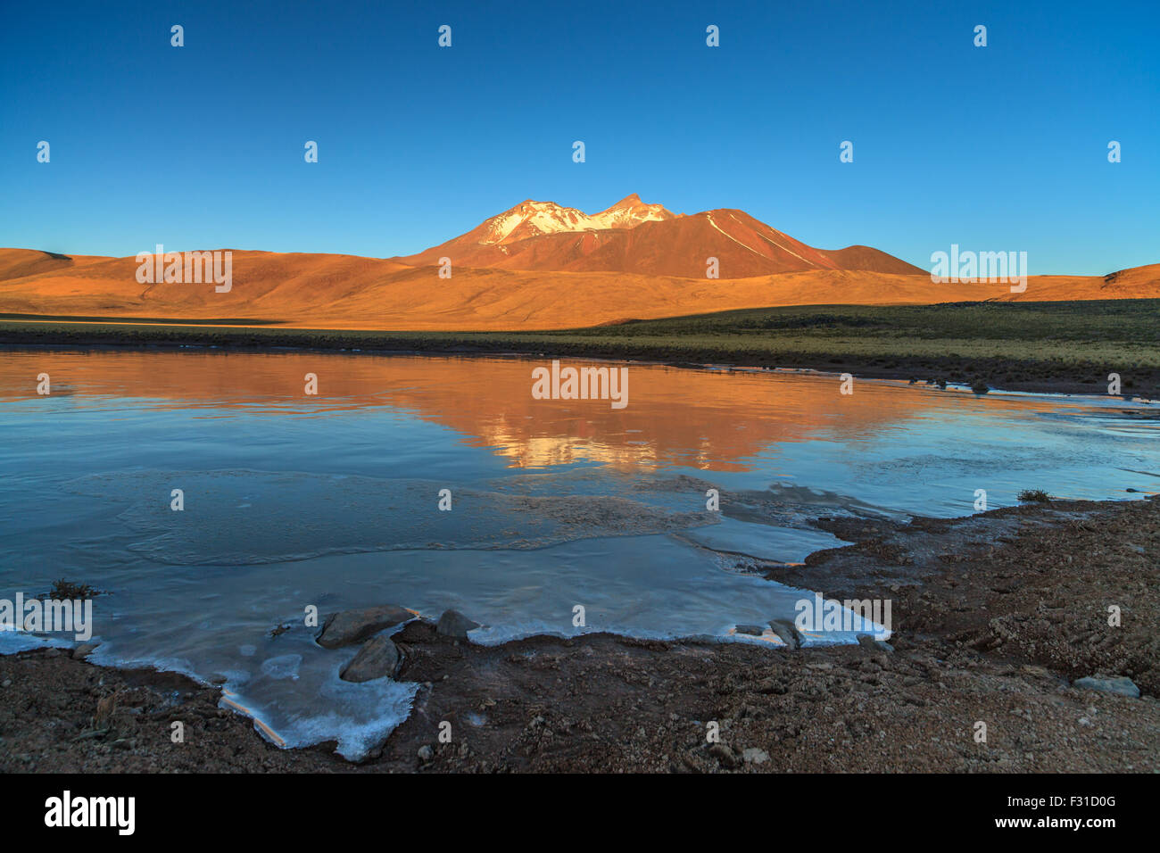 Frozen lake in the Atacama highlands (Los Flamencos National Reserve ...