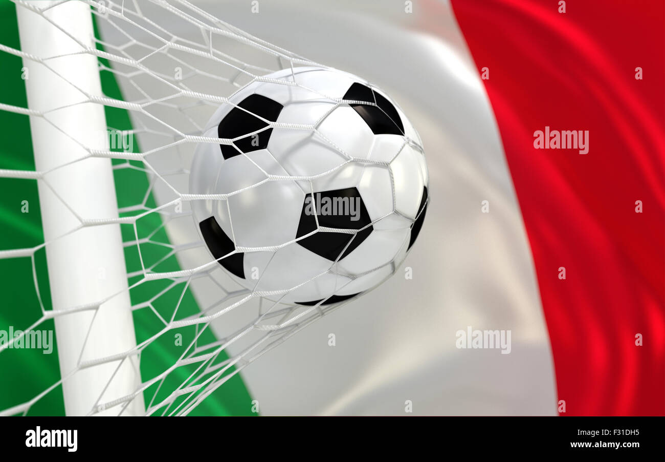 Italy flag and soccer ball, football in goal net Stock Photo - Alamy