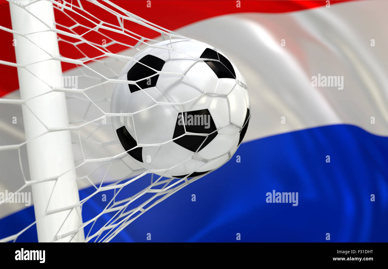 Netherlands flag and soccer ball, football in goal net Stock Photo - Alamy