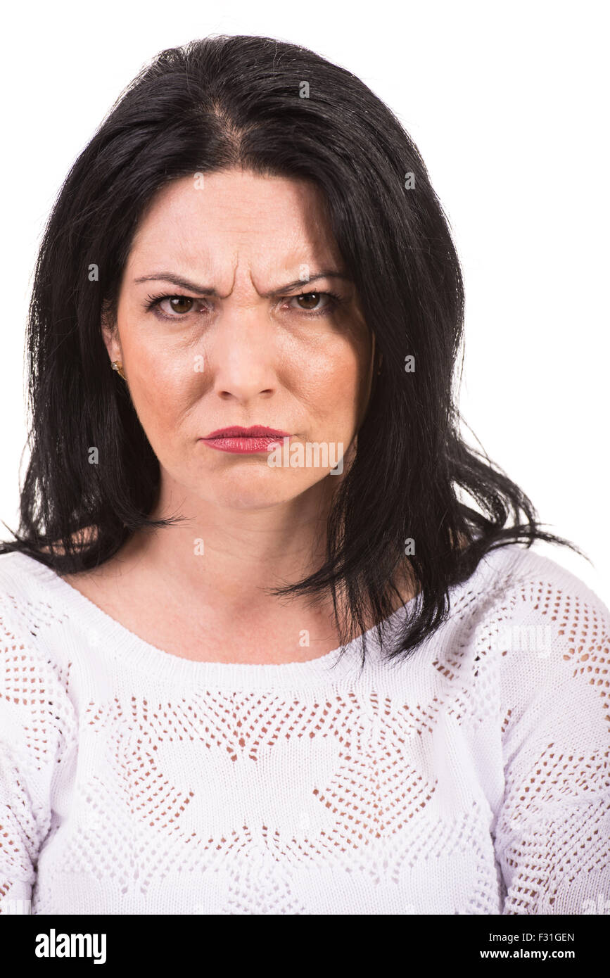 Close up of nervous woman face isolated on white background Stock Photo ...