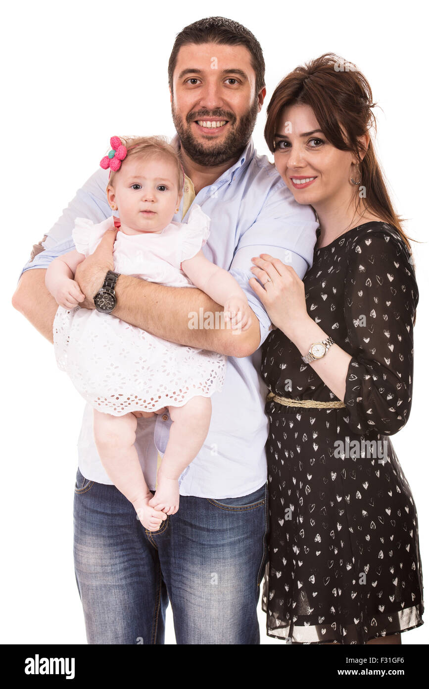 Happy elegant family with baby girl isolated on white background Stock ...