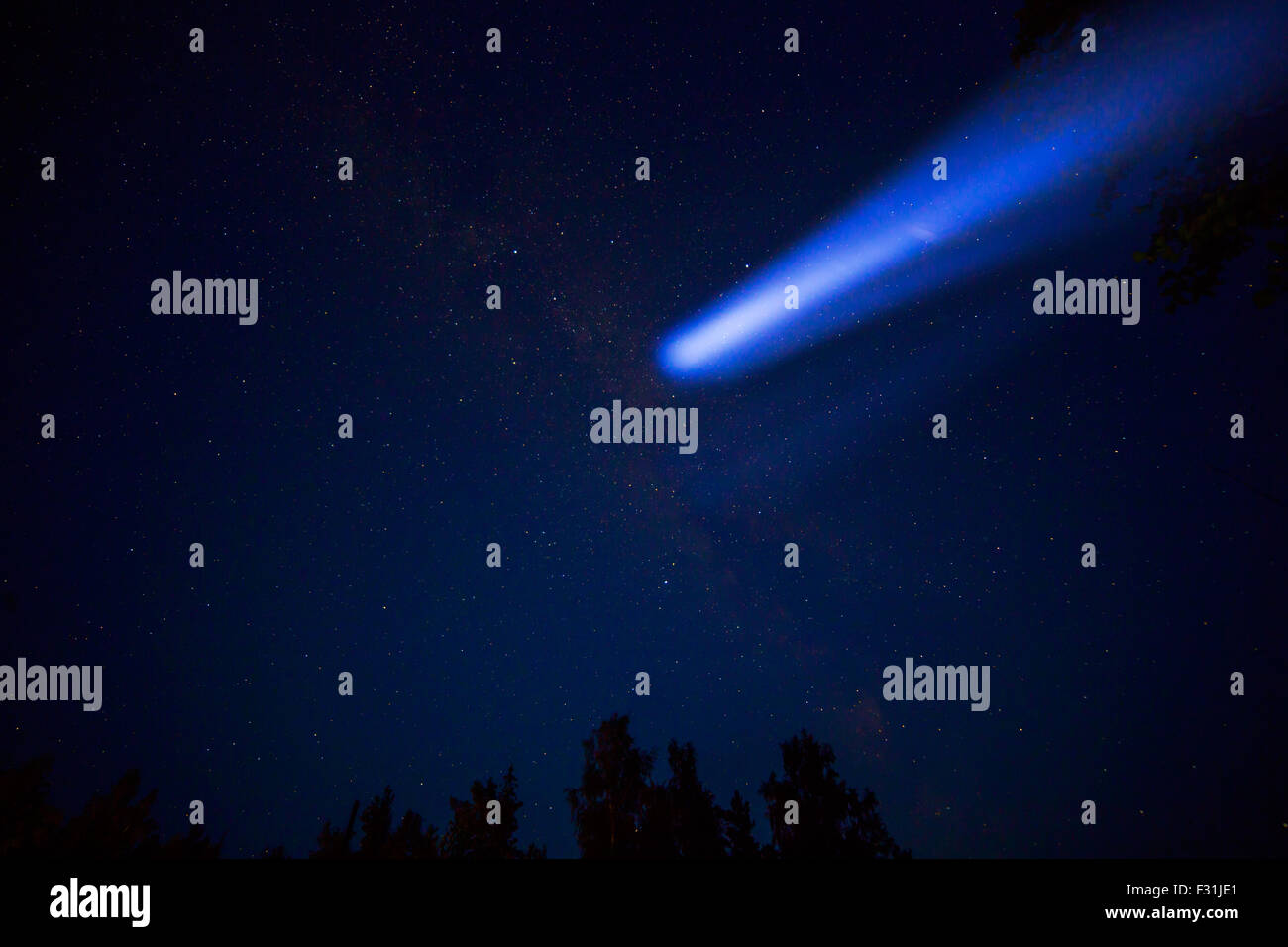 Comet in night sky and trees on background Stock Photo - Alamy