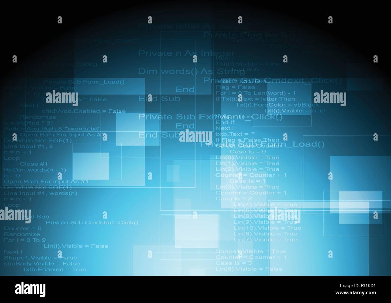 Abstract blue tech background with code and squares. Vector design ...
