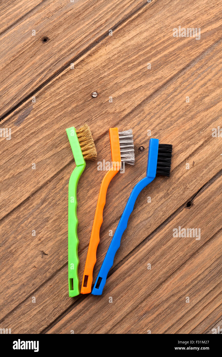 wire brush equipment background wood teak still life vintage closeup ...
