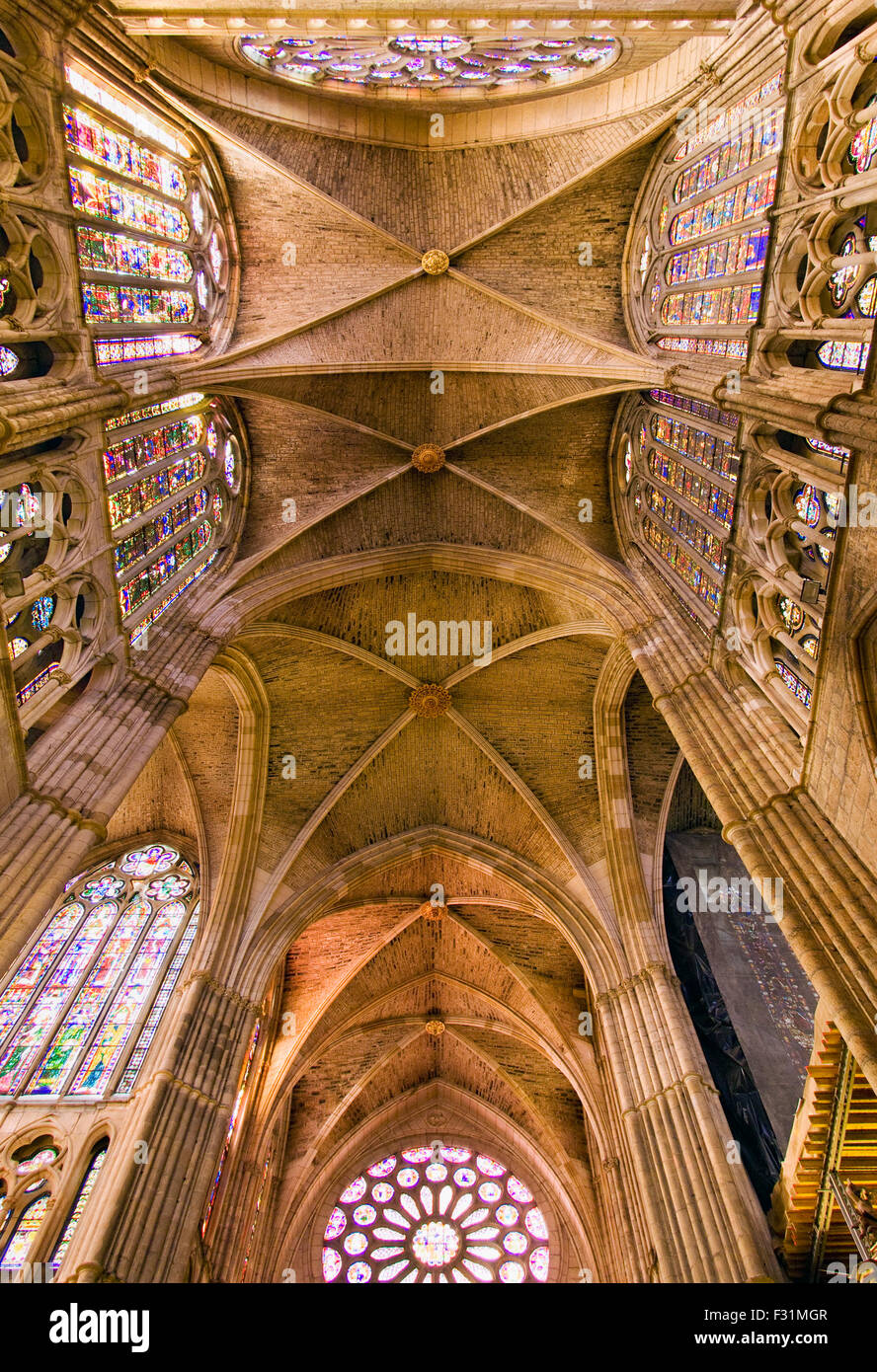 The famous interior and stained glass windows of the Leon Cathedral in ...
