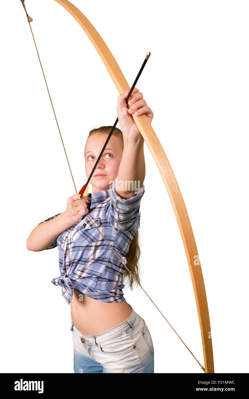 Teen girl practicing archery isolated white background Stock Photo - Alamy