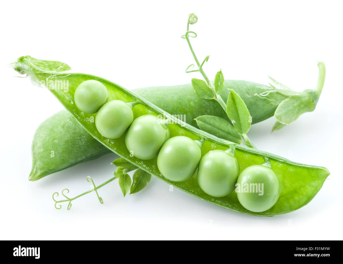 Open pea pod on a white background Stock Photo - Alamy
