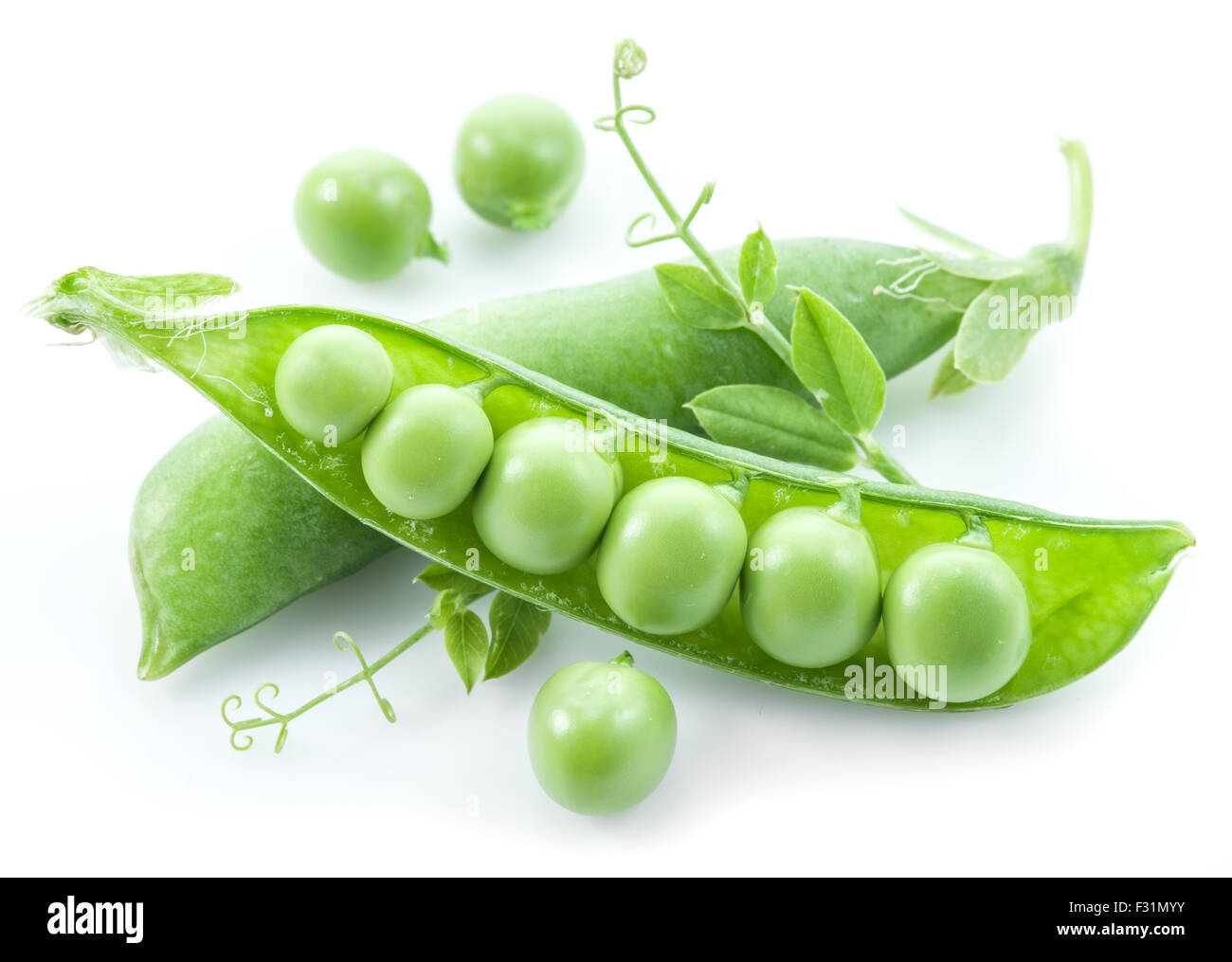 Open pea pod on a white background Stock Photo - Alamy