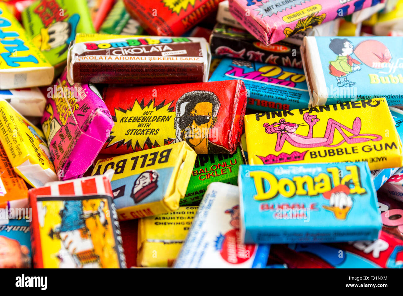 Many various colorful chewing or bubble gum including Turbo, BomBibom ...