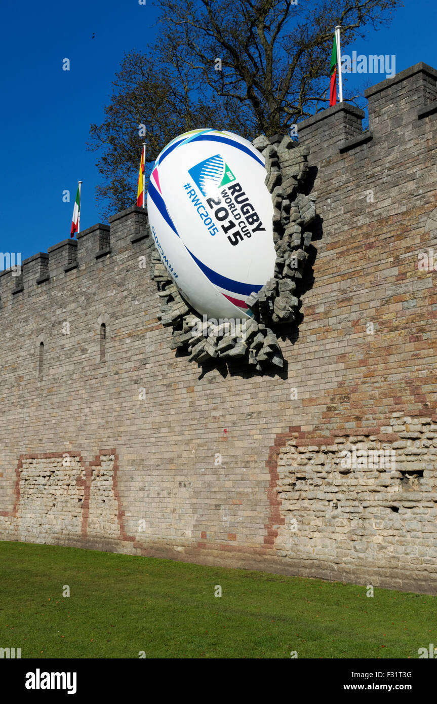 Giant rugby ball crashed into the wall of Cardiff Castle to mark the ...