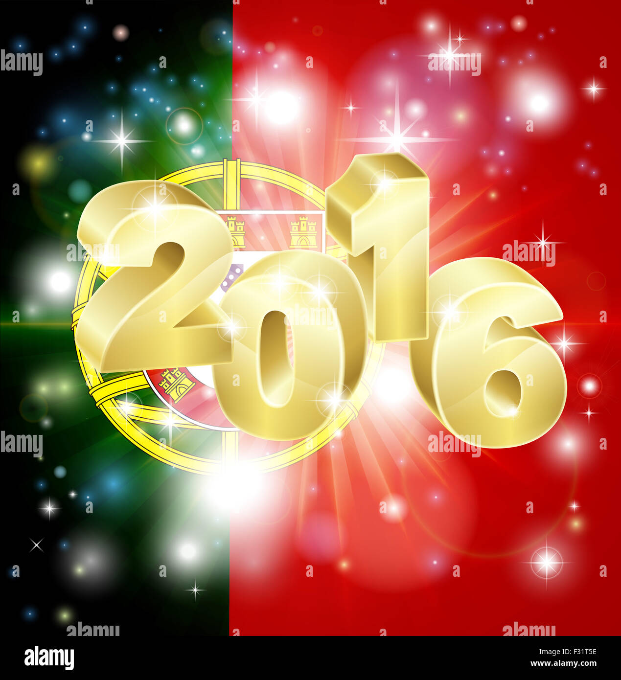 A Portuguese flag with 2016 coming out of it with fireworks. Concept ...