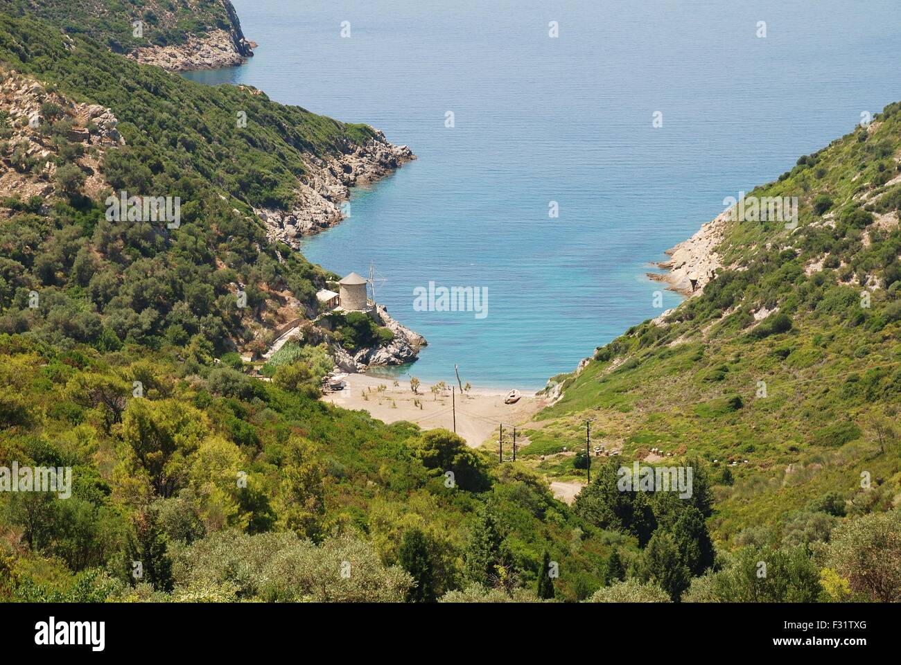 Looking down on Gialia beach on the Greek island of Alonissos in the ...