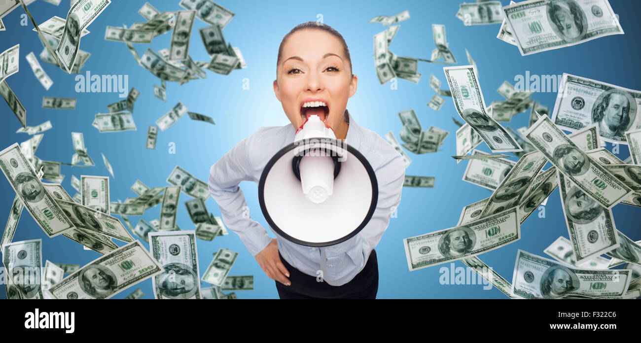 screaming businesswoman with megaphone and money Stock Photo - Alamy