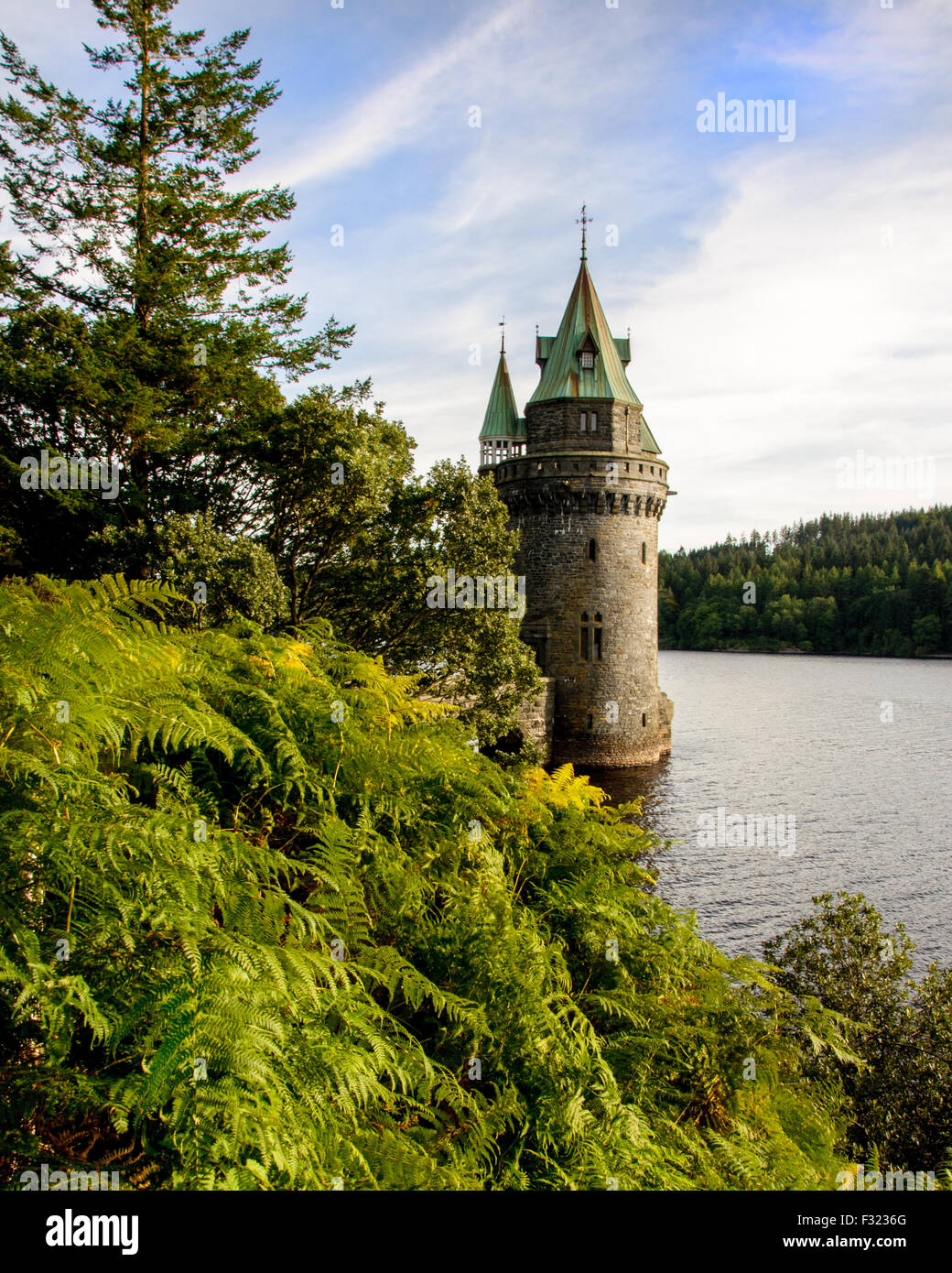 The Gothic revival straining tower on Vyrnwy lake, Wales, United ...