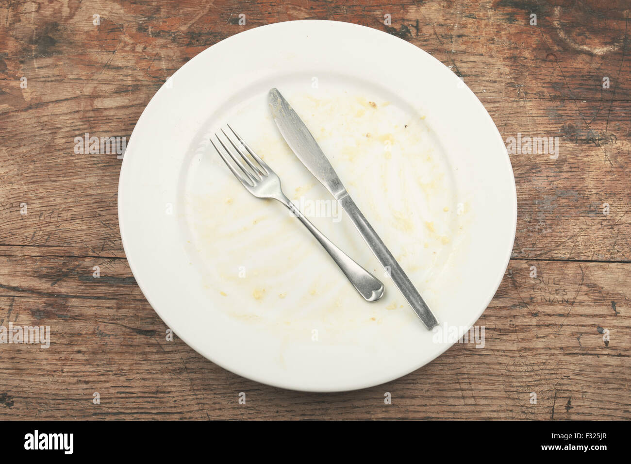 Dirty plate and cutlery on a wood table Stock Photo - Alamy