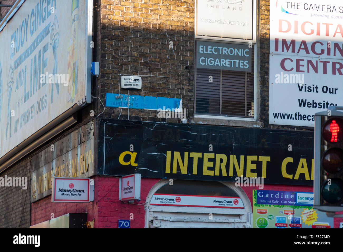 Advertising graphics signs on Gardiner Street Lower in Dublin, Ireland ...