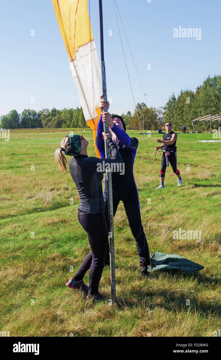 Parachutists - 2014. Assembly of a conical textile tube ( windsock) for ...