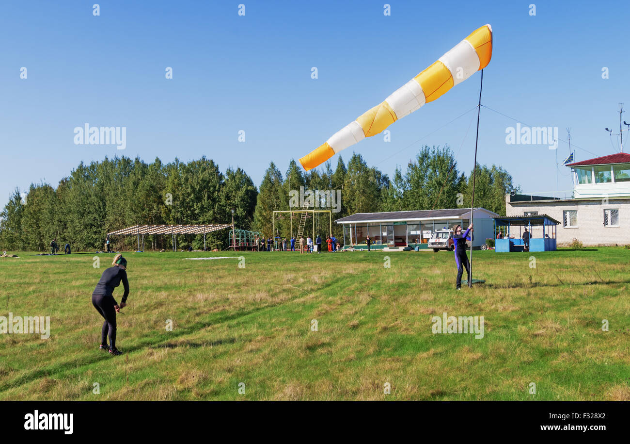 Parachutists - 2014. Assembly of a conical textile tube ( windsock) for ...